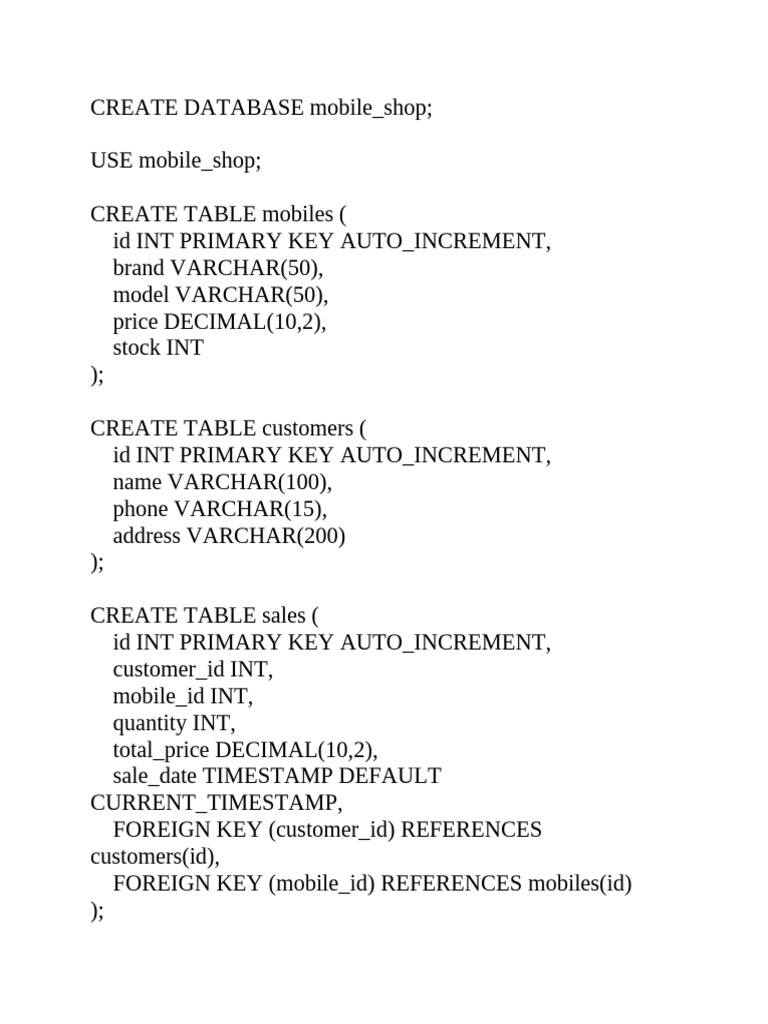 Mobile Shop Database Schema | PDF