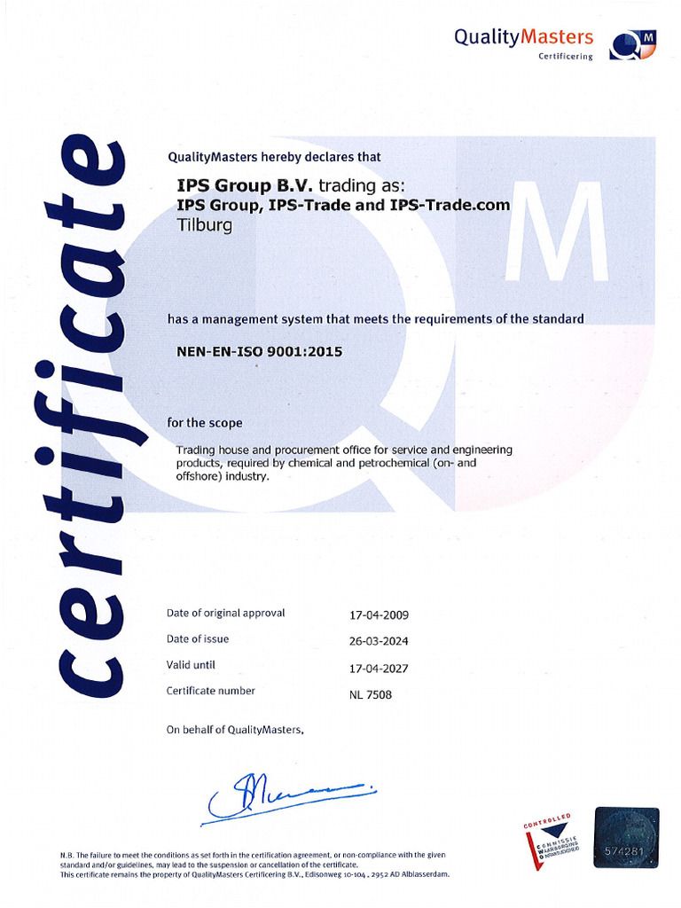 2024 03 26 Certificate ISO 9001 IPS Group NL 7508 | PDF