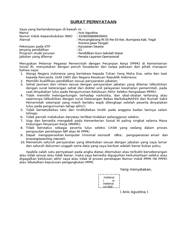 SURAT PERNYATAAN 10 POINT anis | PDF