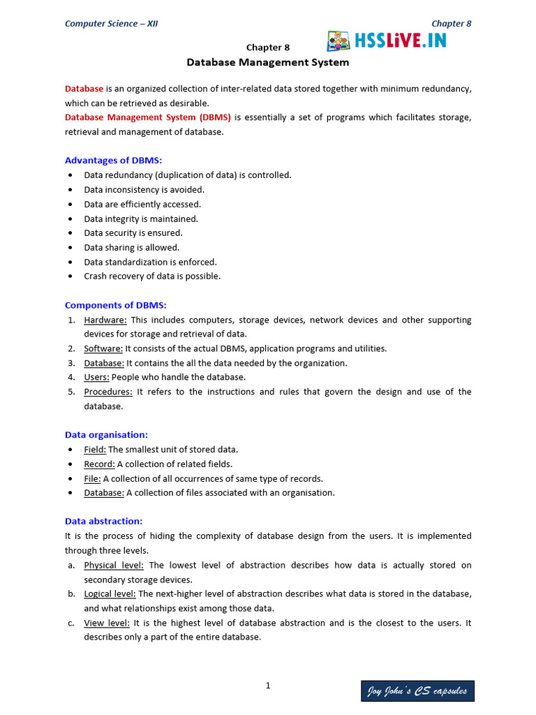 Hsslive XII Chapter 8 Cs Joy John | PDF | Relational Model | Databases