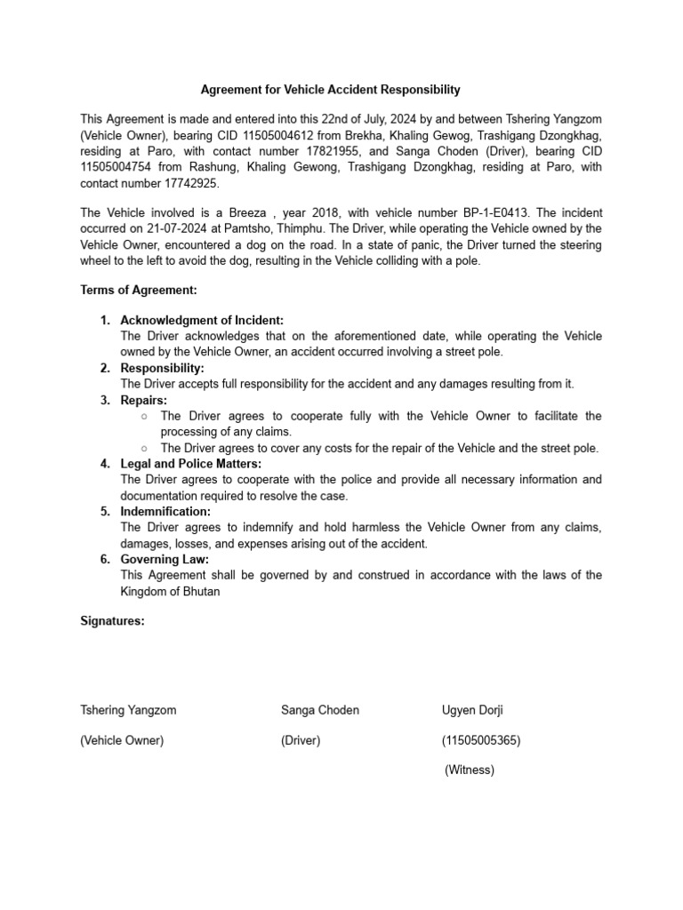 Agreement For Vehicle Accident Responsibility | PDF