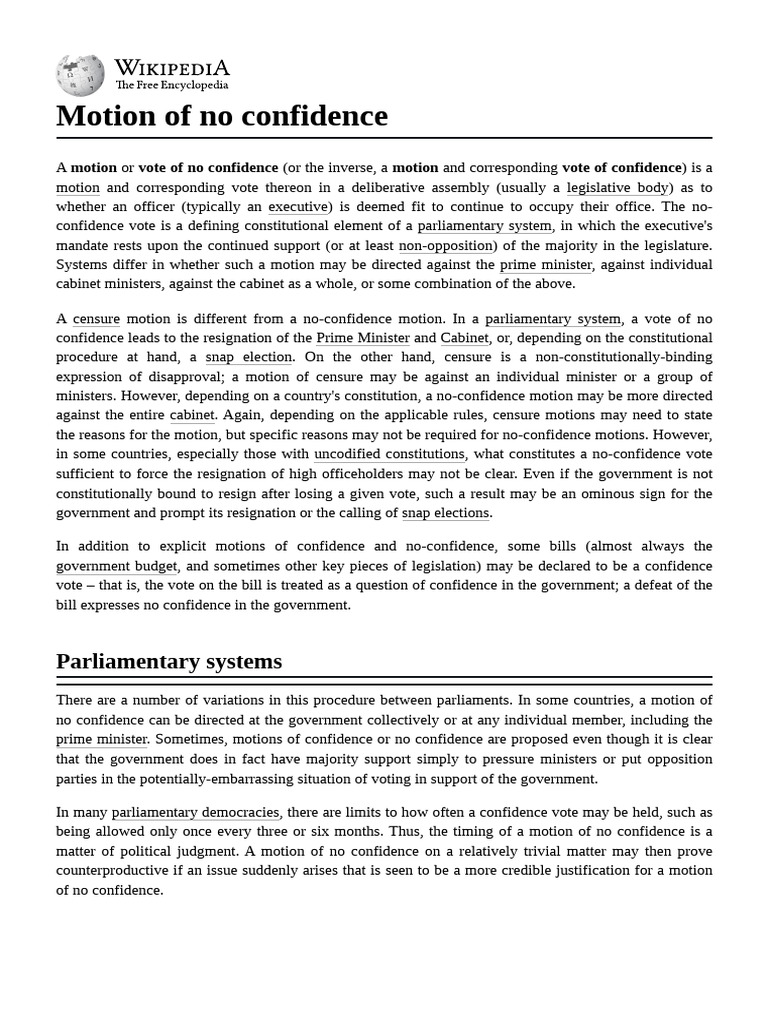 Understanding No Confidence Motions | PDF | House Of Commons Of The ...