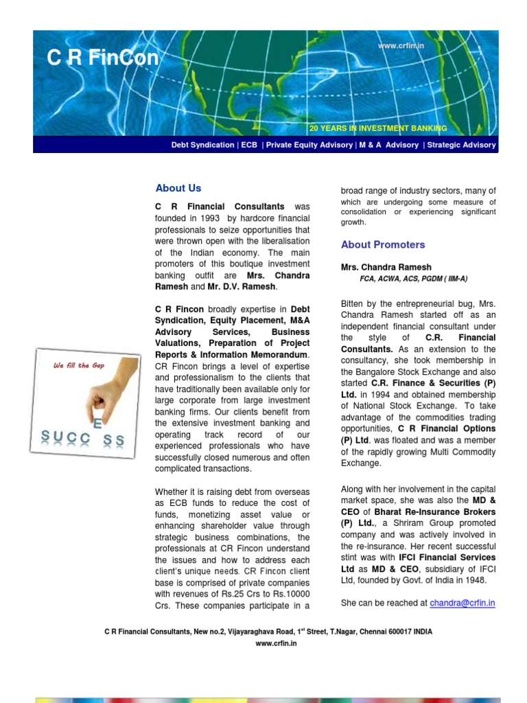 CR Fincon Profile IB | PDF | Investment Banking | Mergers And Acquisitions