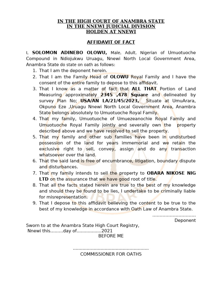 Affidavit of Land Ownership in Anambra | PDF