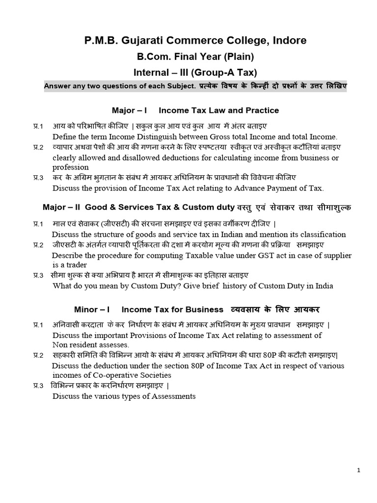 B.Com Final Year Exam Questions Guide | PDF | Taxes | Taxation In The ...