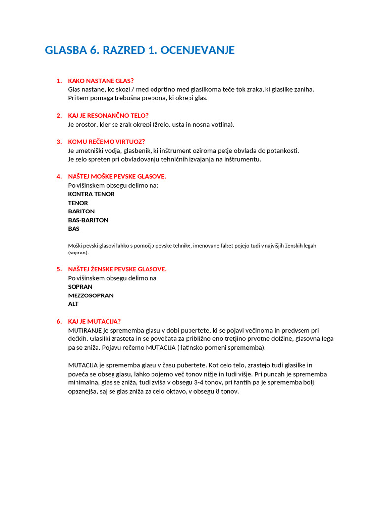 Glaba 6.razred 1. Ocenjevanje | PDF