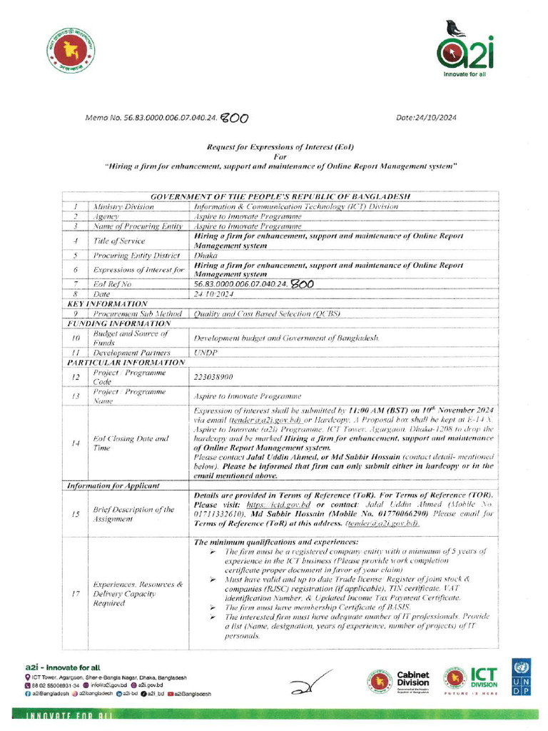 EoI For Hiring A Firm For Enhancement Support and Maintenance of Online Report Management System ...
