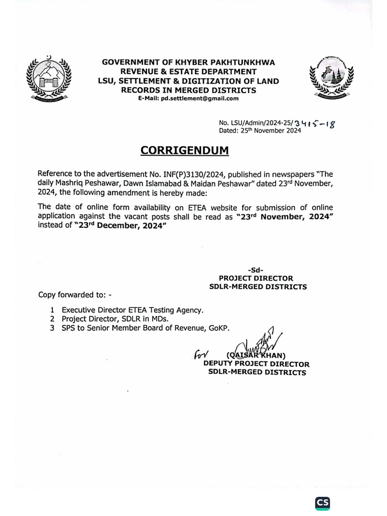 426 Settlement Land Revenue Nov 2024 Corrigendum | PDF
