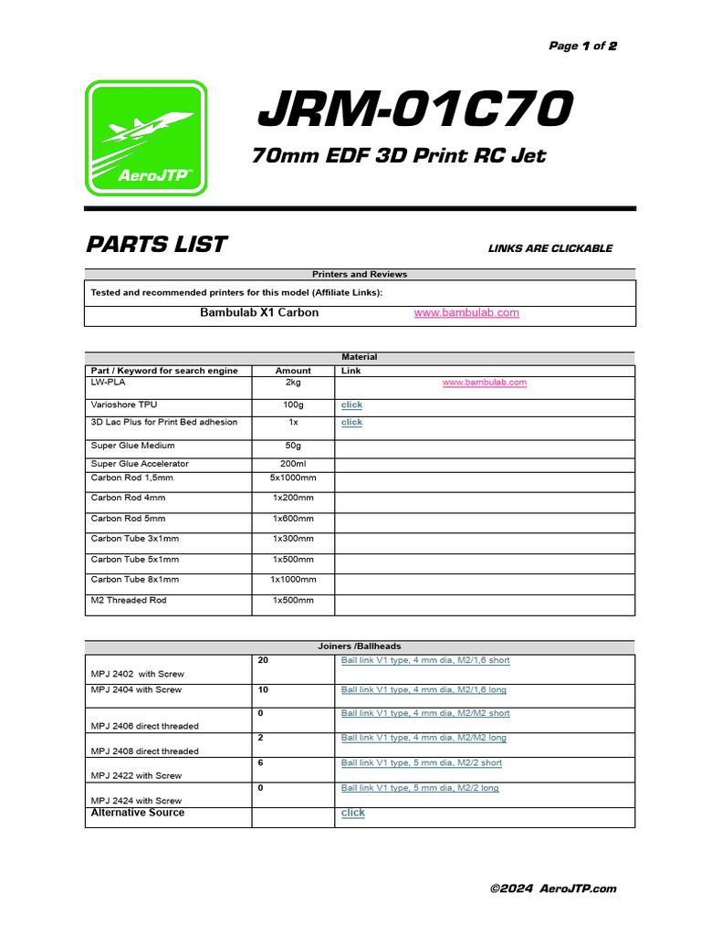 70mm EDF 3D Print RC Jet Parts List | PDF | Screw | Manufactured Goods