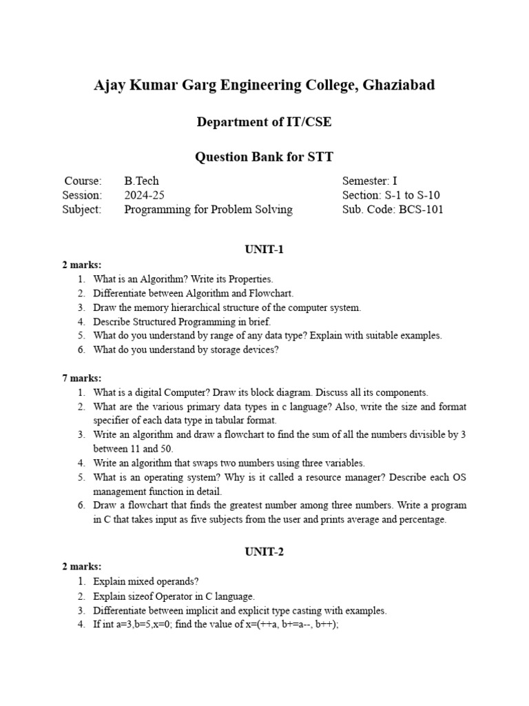QBank BCS101 STT | PDF | C (Programming Language) | Algorithms QBank BCS101 STT | PDF | C (Programming Language) | Algorithms