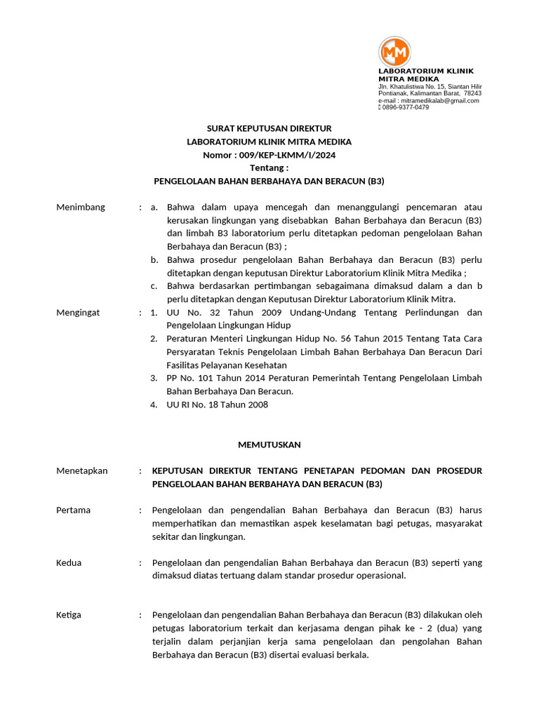 SK 009 ; PENGELOLAAN BAHAN BERBAHAYA DAN BERACUN (B3) | PDF