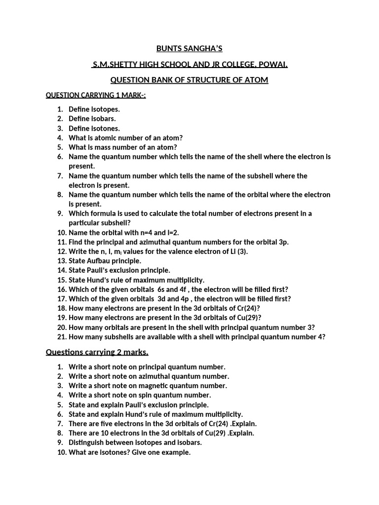 Atomic structure QB | PDF | Atomic Orbital | Quantum Chemistry Atomic structure QB | PDF | Atomic Orbital | Quantum Chemistry