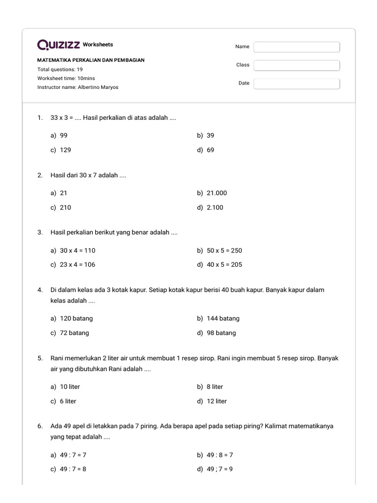 Worksheet Matematika Perkalian dan Pembagian | PDF