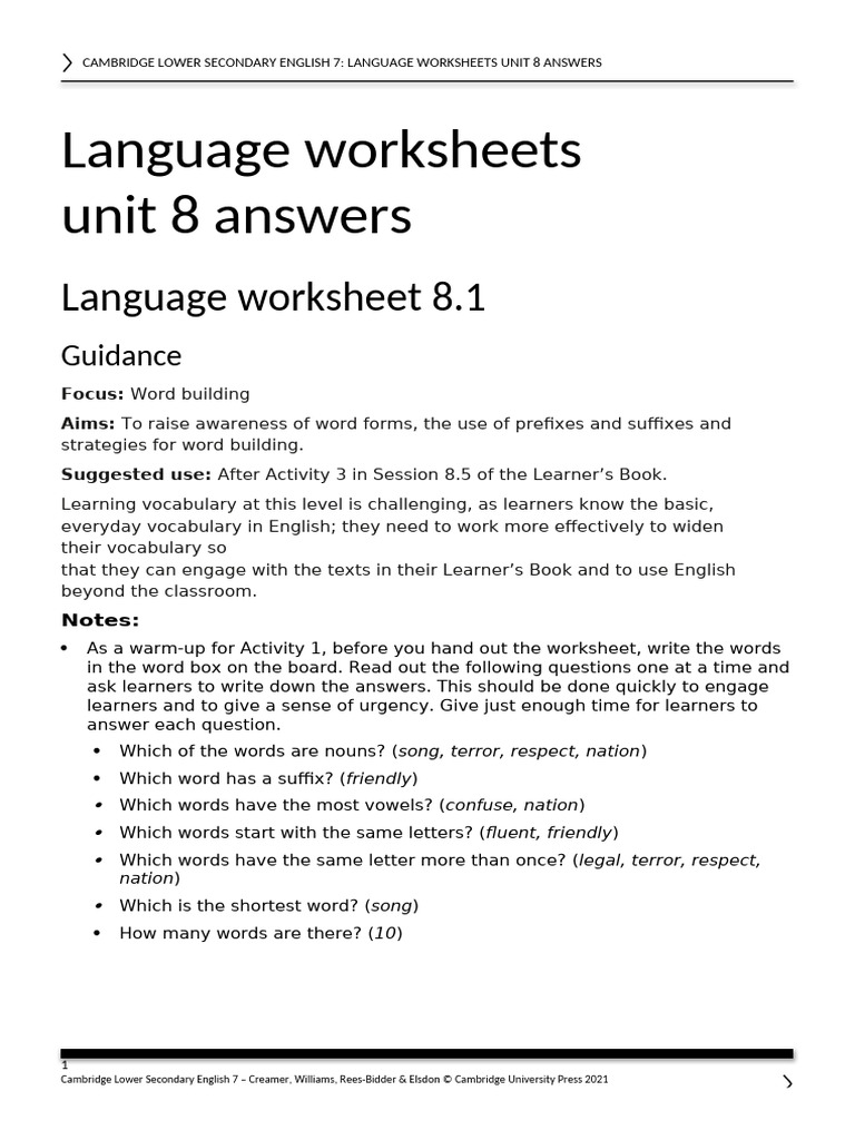 LS English 7 U8 Lang Worksheets Answers | PDF | English Language | Word