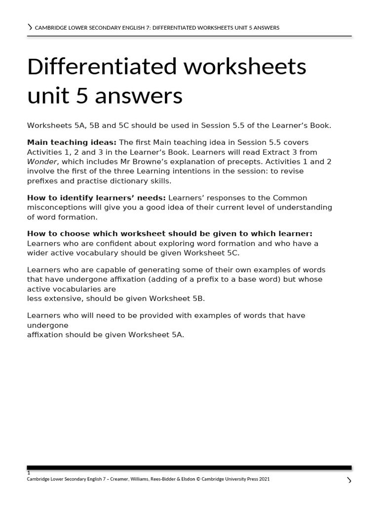 LS English 7 U5 Diff Worksheets Answers | PDF | Linguistics | Human Communication