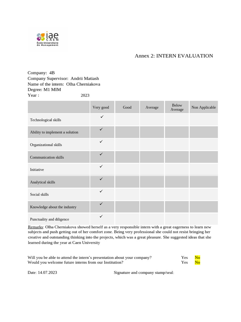 Intern Evaluation for Olha Cherniakova | PDF