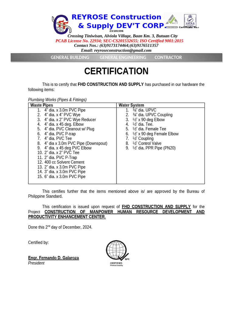 Construction Supply Certification | PDF