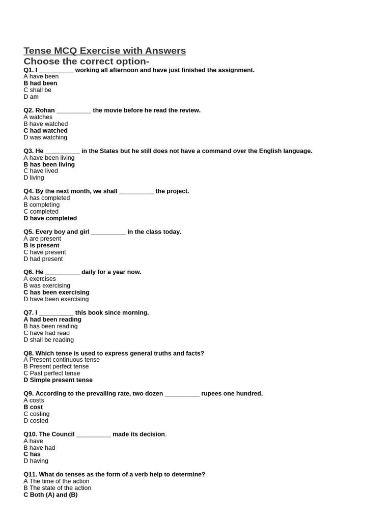 Tenses MCQ Based Exercises | PDF | Language Mechanics | Linguistics