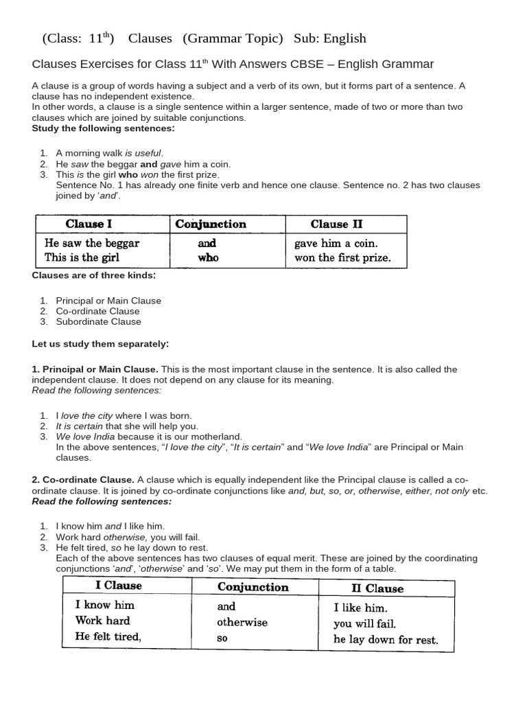 Clauses Exercises for Class 11 | PDF | Clause | Verb