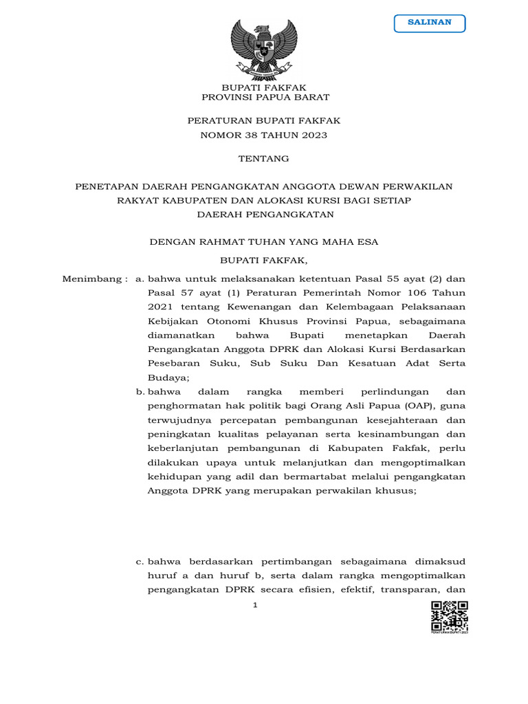 38 Perbup Nomor 38 Tahun 2023 TTG Penetapan DPRK Berdasarkan Pada Pesebaran Suku, Sub Suku Dan ...