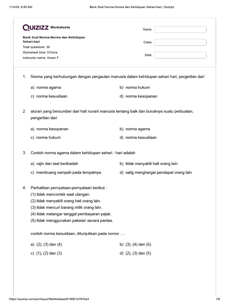 Bank Soal Norma-Norma dan Kehidupan Sehari-hari _ Quizizz | PDF