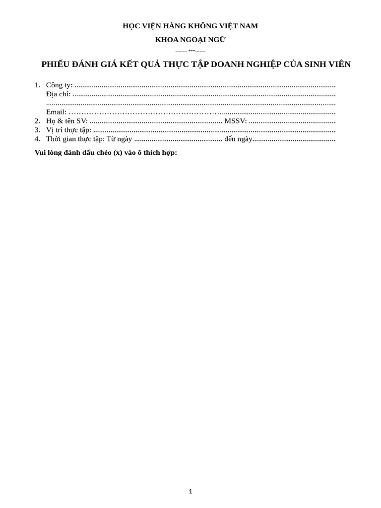 (2024) Form 5b - PHIEU DANH GIA KET QUA THUC TAP - DANH CHO DON VI TIEP NHAN TT (Cho Diem) | PDF