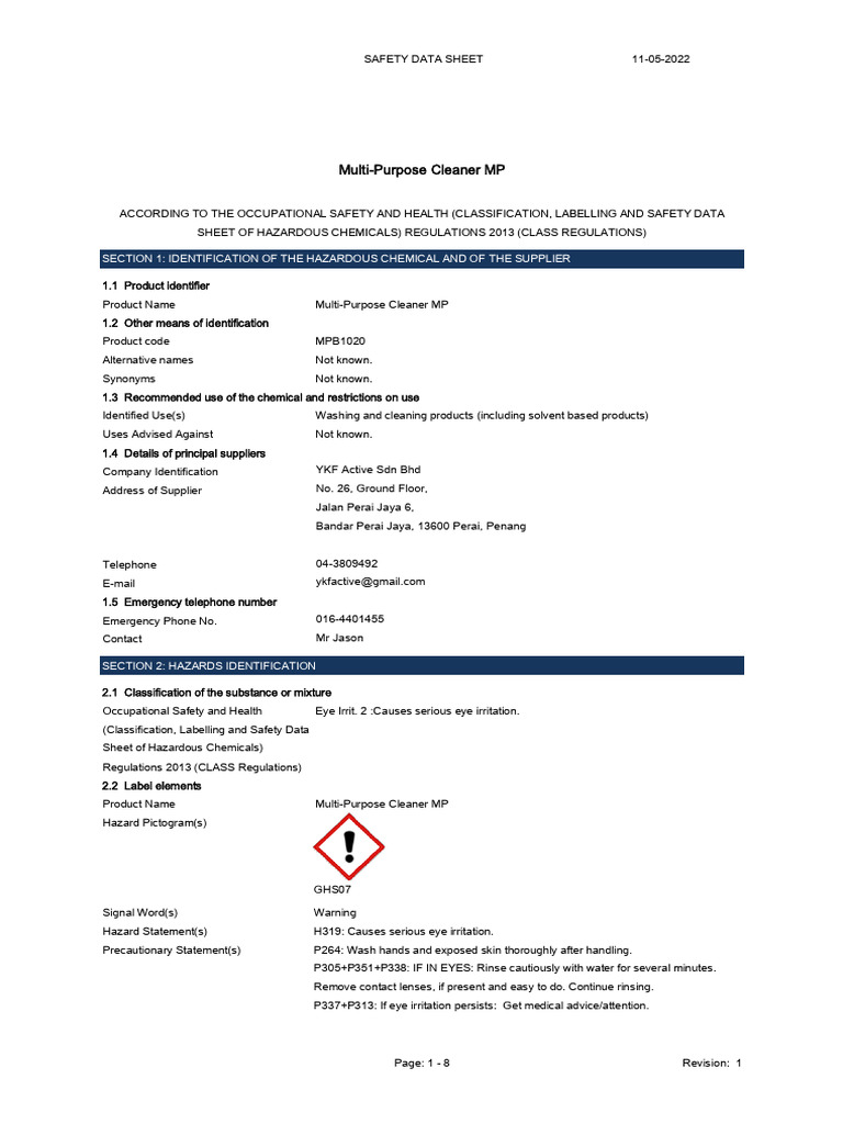 Multi-Purpose Cleaner MP Safety Data Sheet | PDF | Chemical Substances ...