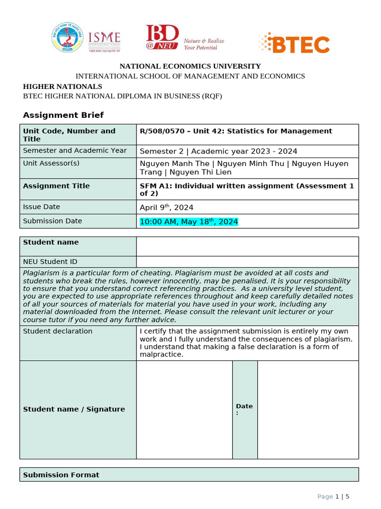(SFM - S2-2324) A1 - Assignment Brief | PDF | Statistics | Turnitin