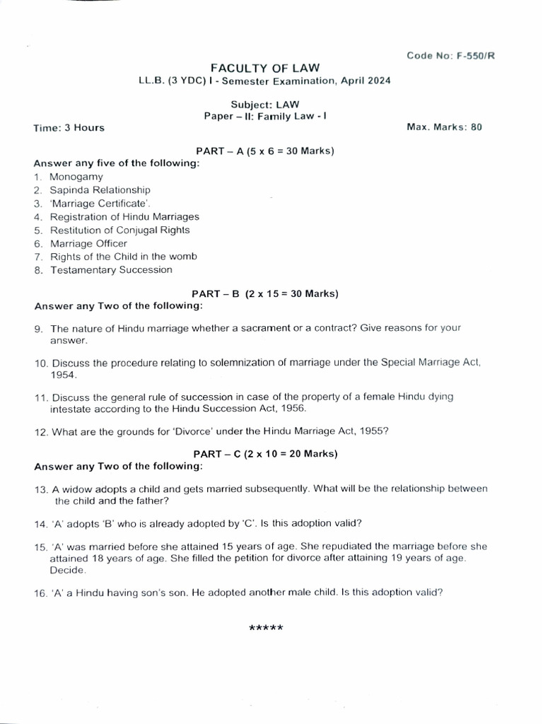 FAMILY LAW I - QusetionPapaers | PDF