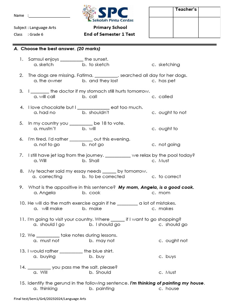 G6 - LA - End-of-Semester 1 Test 2023 | PDF