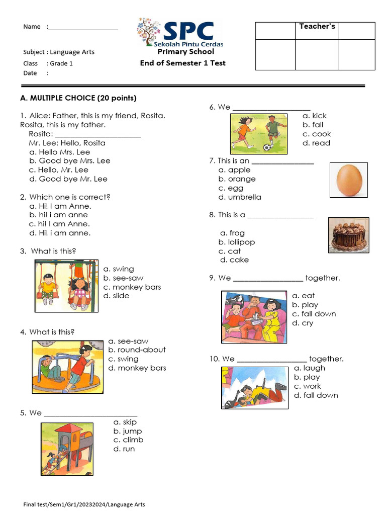 Grade 1 Language Arts Test 2023 | PDF