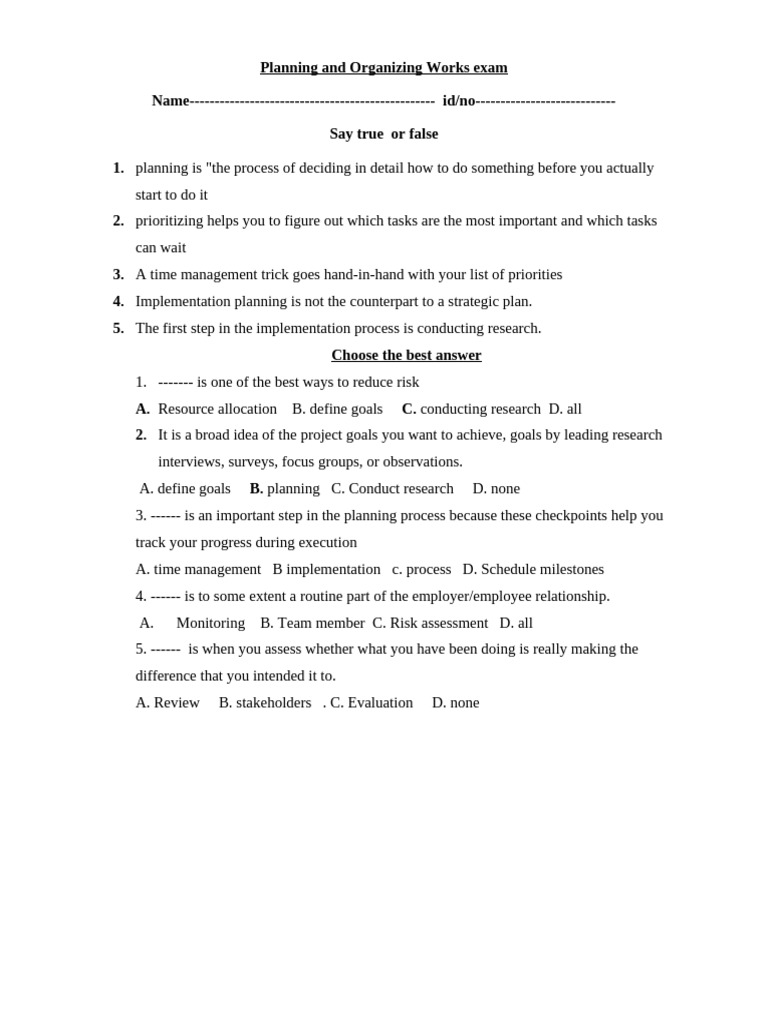 Planning and Organizing Exam Guide | PDF