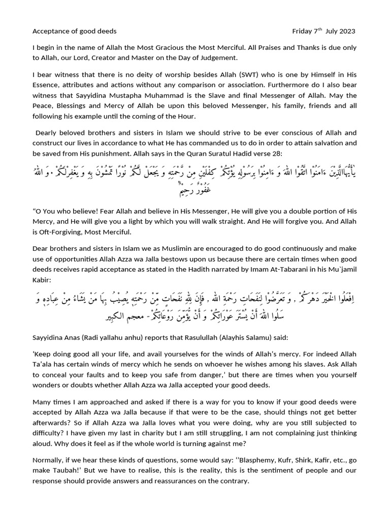 Acceptance of Good Deeds | PDF | God In Islam | Hadith