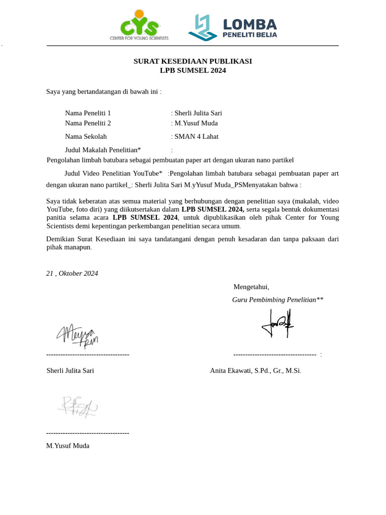 LPB SUMSEL 2024 - Format - Surat Kesediaan Publikasi Salinan | PDF