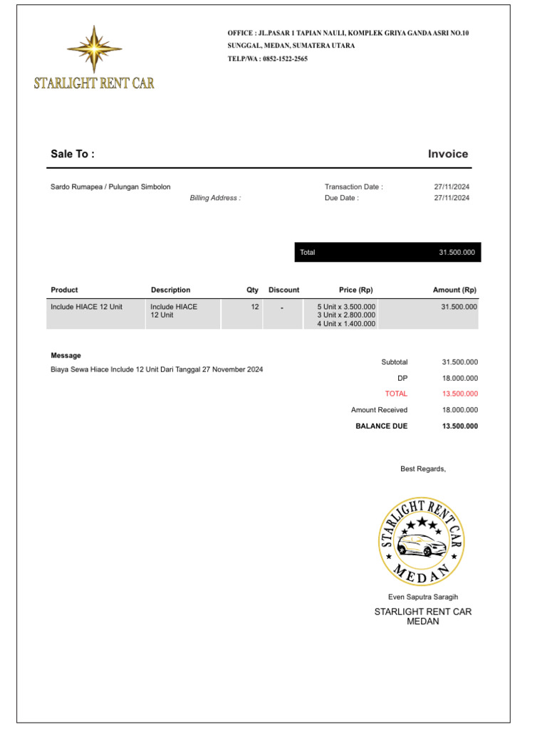 Invoice Starlight Rent Car | PDF | Accounting | Business Documents