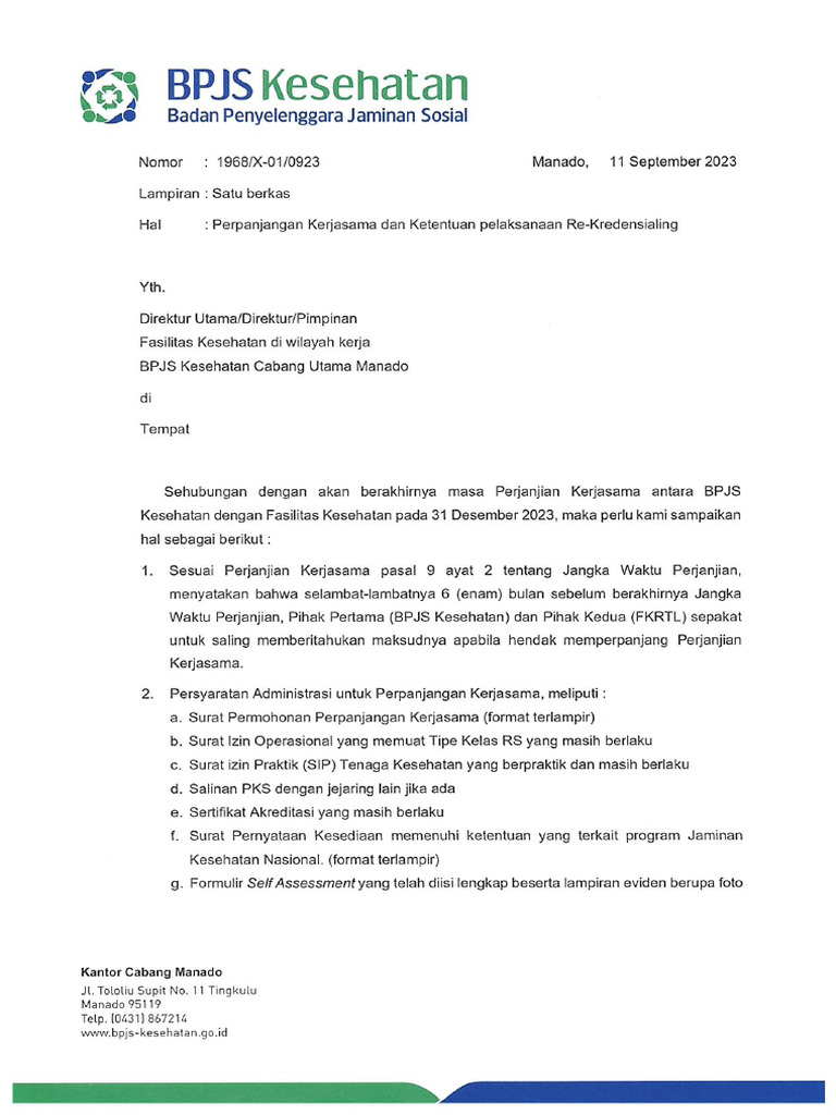 Surat Perpanjangan PKS Dan Rekredensialing FKRTL | PDF