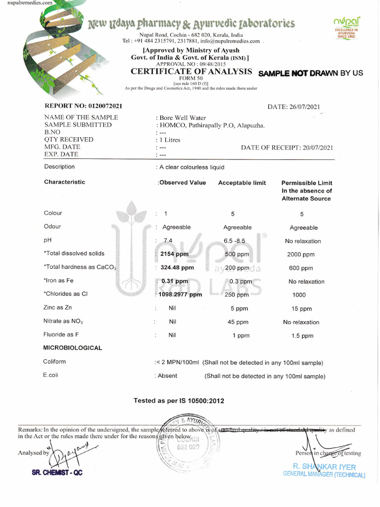 Feed Water Test Report - New | PDF | Chemical Compounds | Chemical Elements