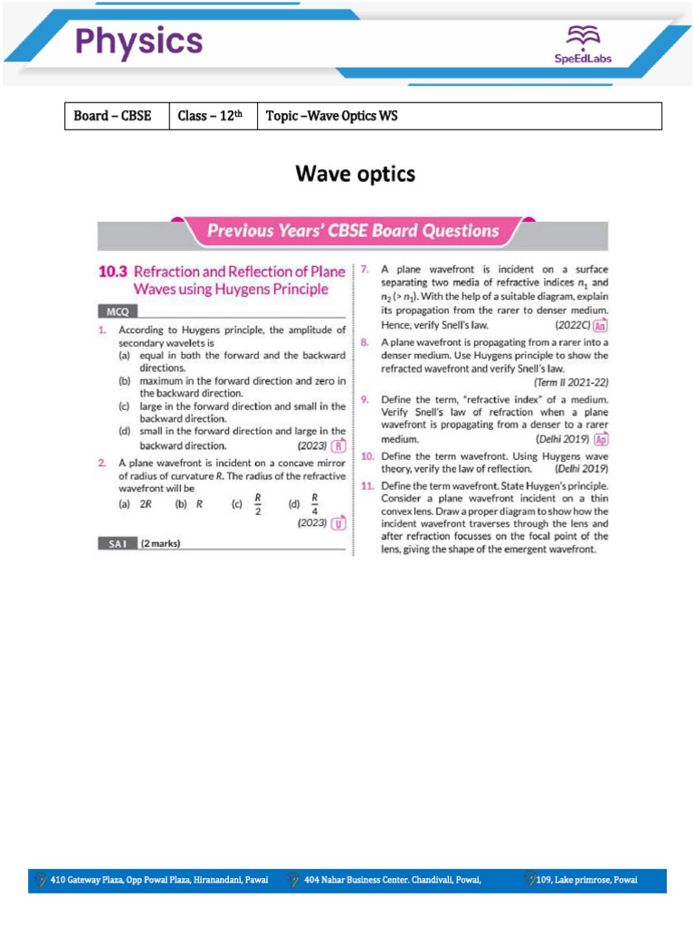 Wave Optics Worksheet for Class 12 | PDF | Physics