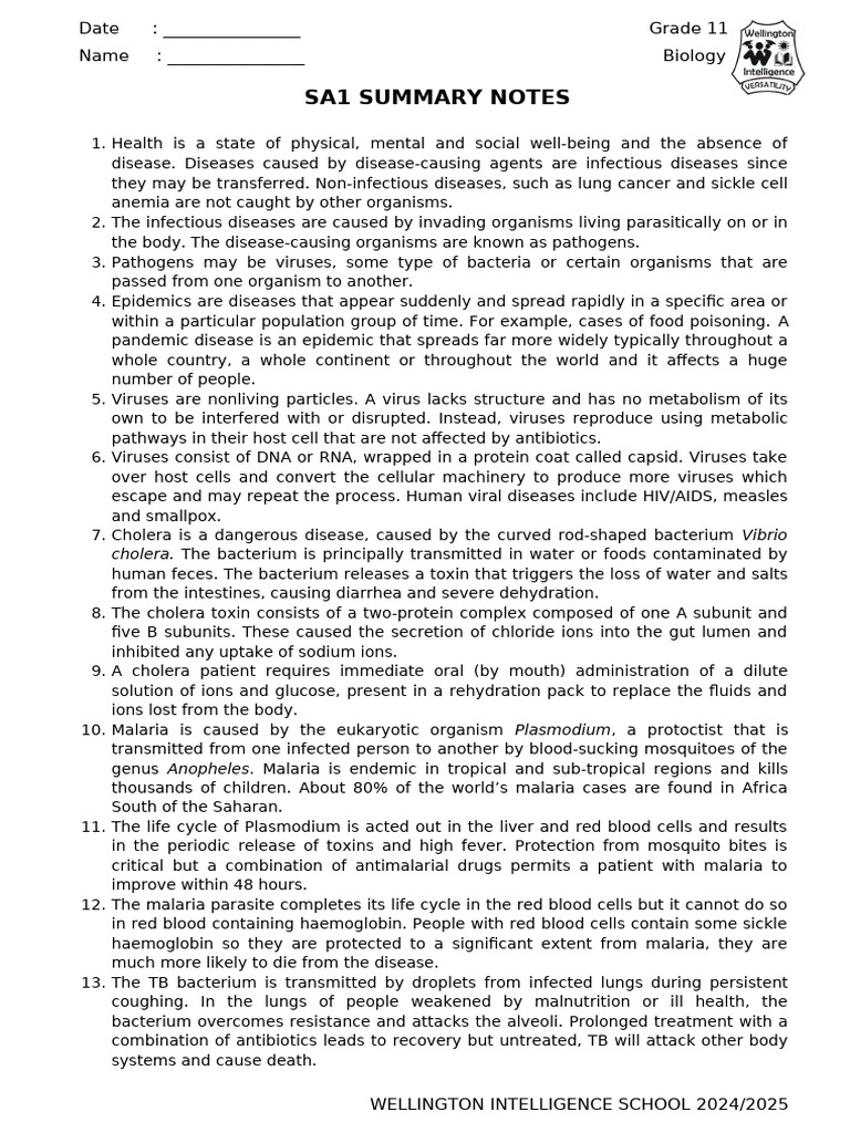 g11 Biology Sa1 Summary Note | PDF | Antibody | Immune System