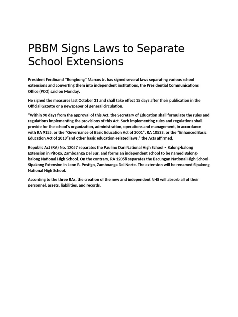 PBBM Signs Laws to Separate School Extensions | PDF