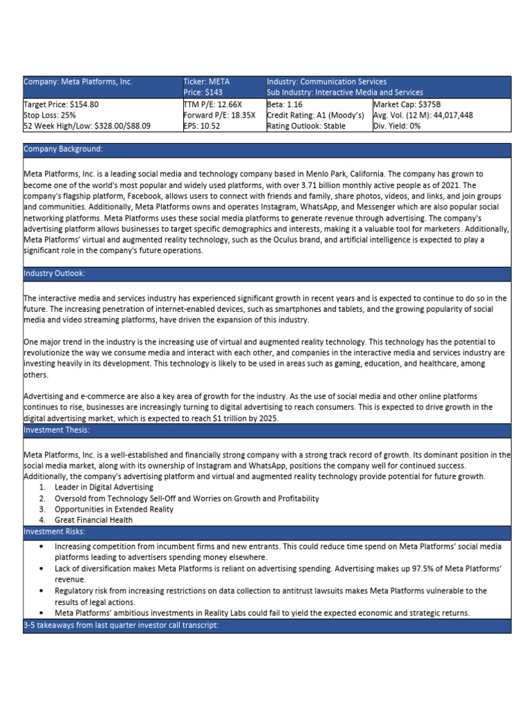 Meta Platforms One Pager.1 | PDF | Advertising | Investing