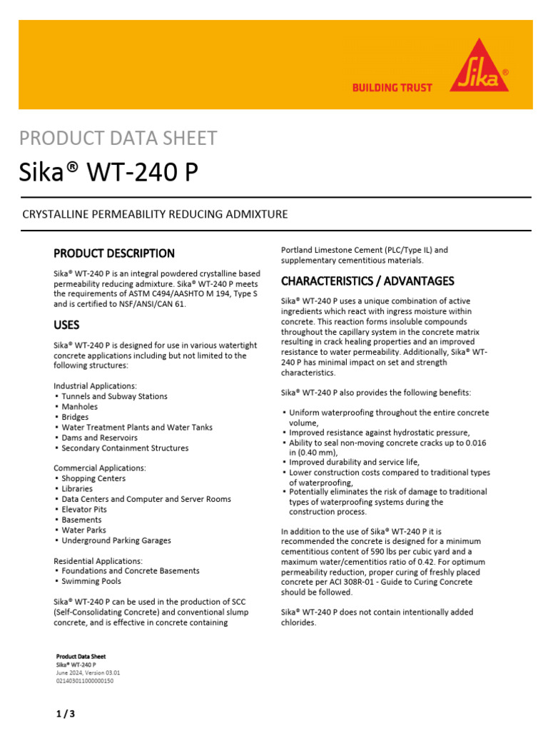 Sika wt-240 P | PDF | Concrete | Cement