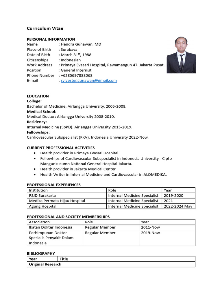 CV - Dr. Hendra Gunawan, SP - PD | PDF | Myocardial Infarction | Internal Medicine