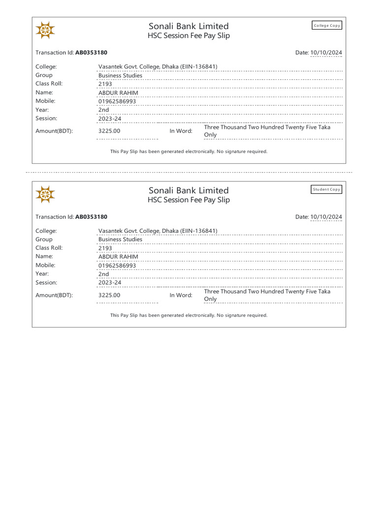 HSC Fee Pay Slip for Abdur Rahim | PDF