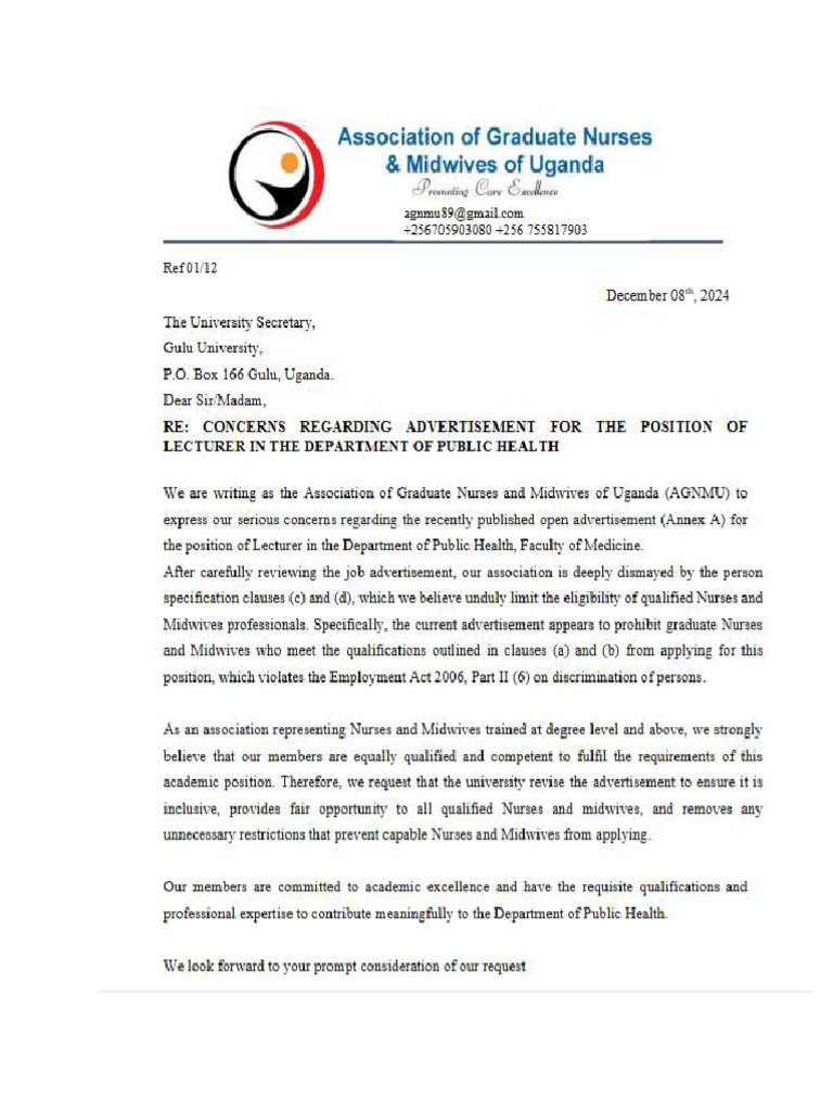 Letter To University Secretary - Gulu University - 1 | PDF