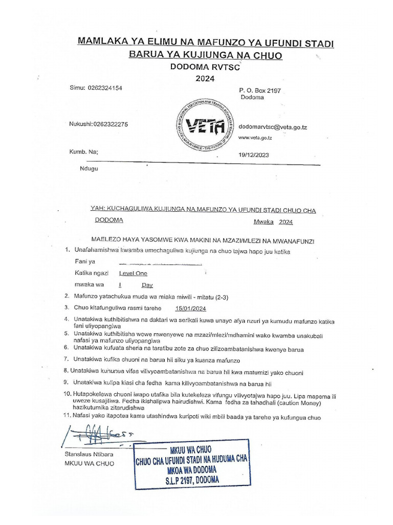 Dodoma RVTSC Joining Instructions | PDF