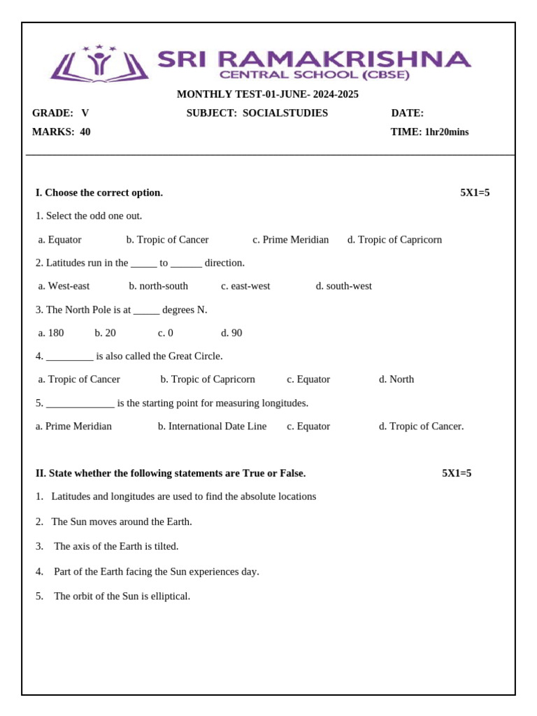 SST Grade 5 Monthly June | PDF | Equator | Latitude