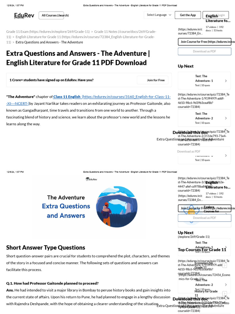 Extra Questions and Answers - The Adventure - English Literature For ...