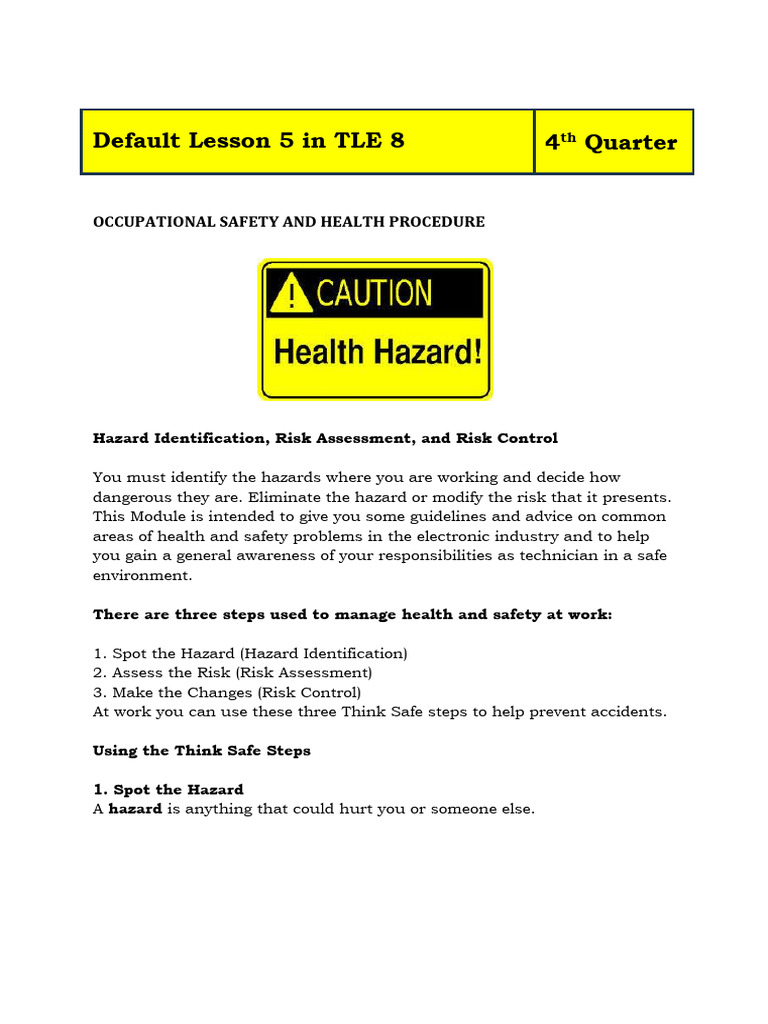 Tle 8 - 4th Quarter Default Lesson 5 | PDF | Occupational Safety And ...
