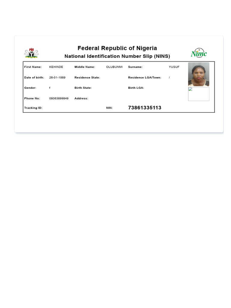 NIN Slip for Kehinde Yusuf | PDF